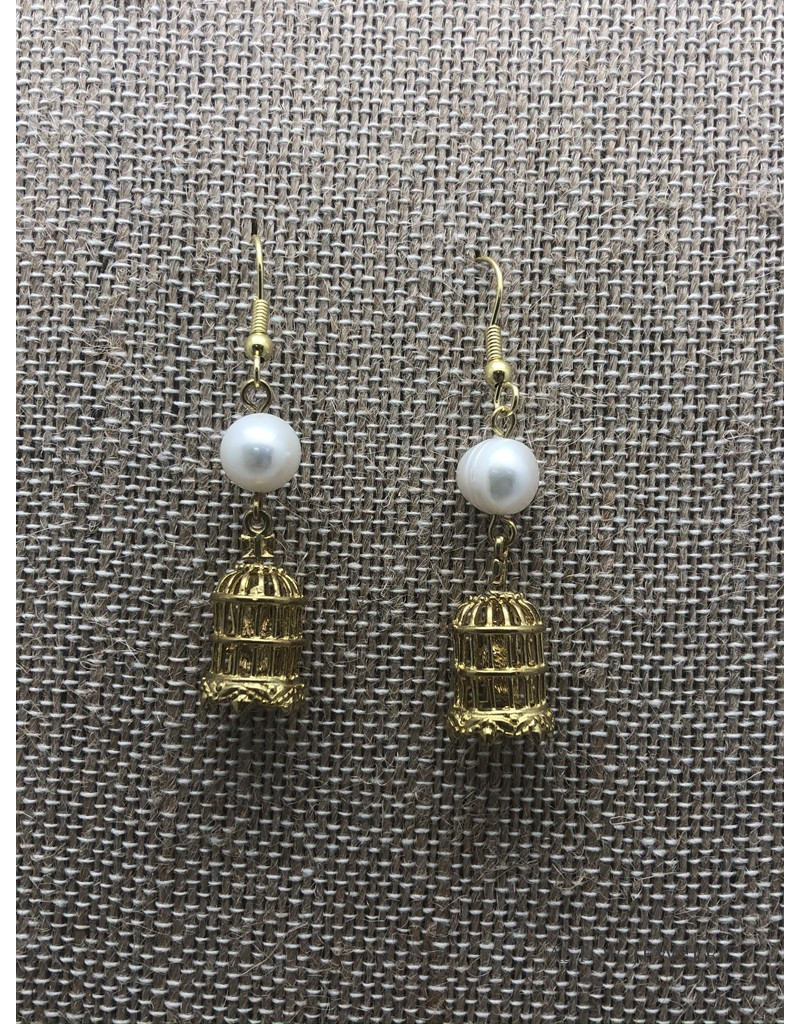 Golden Bird Cage With Fresh Water Pearl Earrings Golden Bird Cage With Fresh Water Pearl Earrings